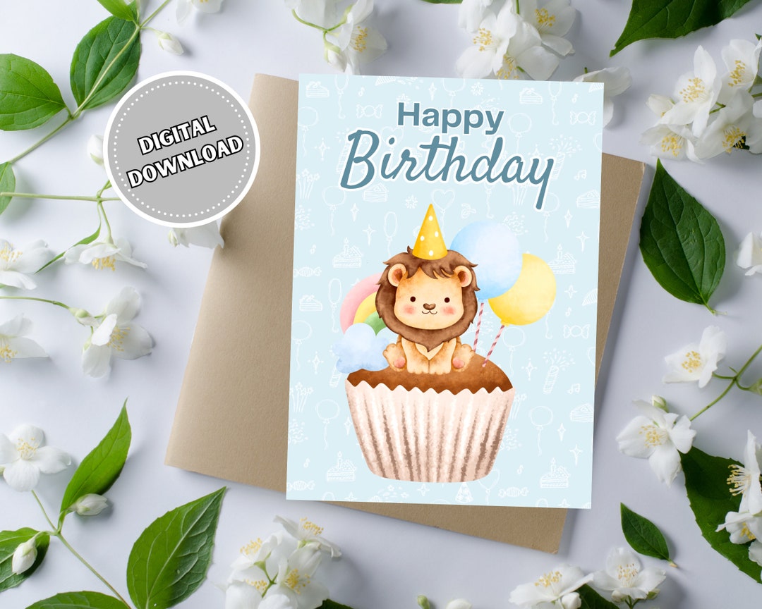 Children's Happy Birthday Card With Lion, 5x7 Printable Blank Greeting ...