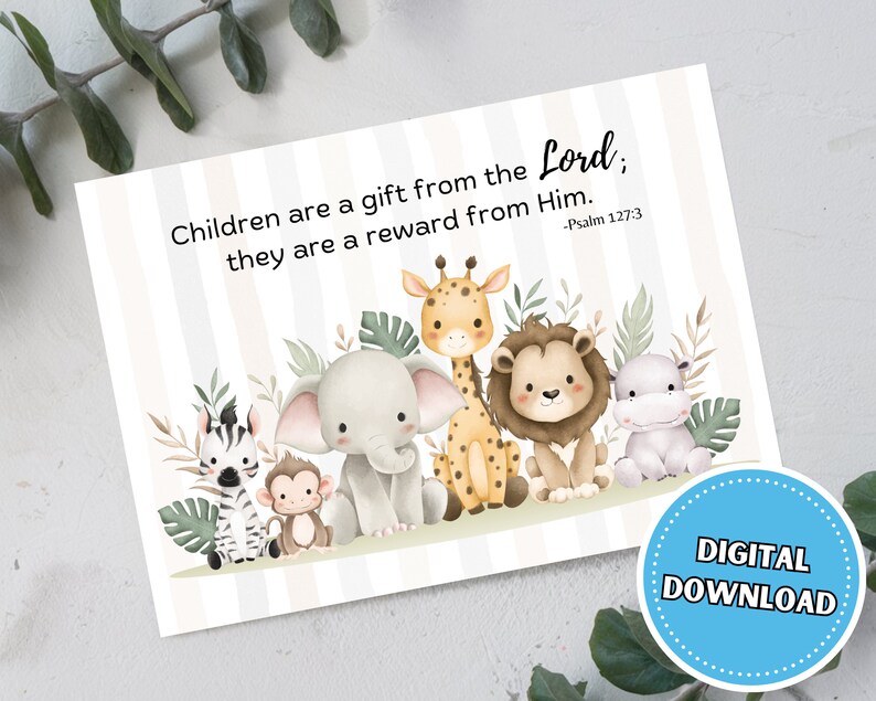 Jungle Animals Baby Shower Card With Bible Verse, 5x7 Printable Blank ...