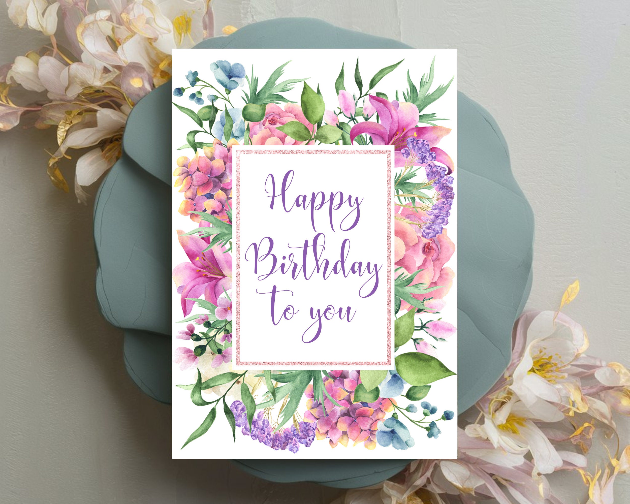 Birthday Card 5x7 Digital Download, Pink and Purple Flower Blank ...