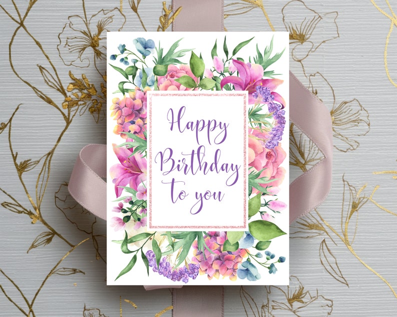 Birthday Card 5x7 Digital Download, Pink and Purple Flower Blank ...