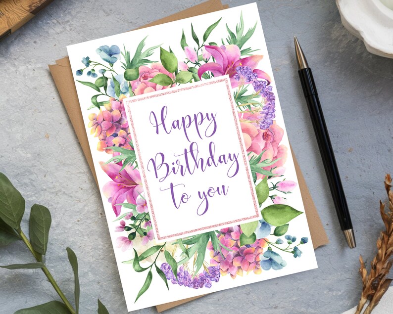 Birthday Card 5x7 Digital Download, Pink and Purple Flower Blank ...