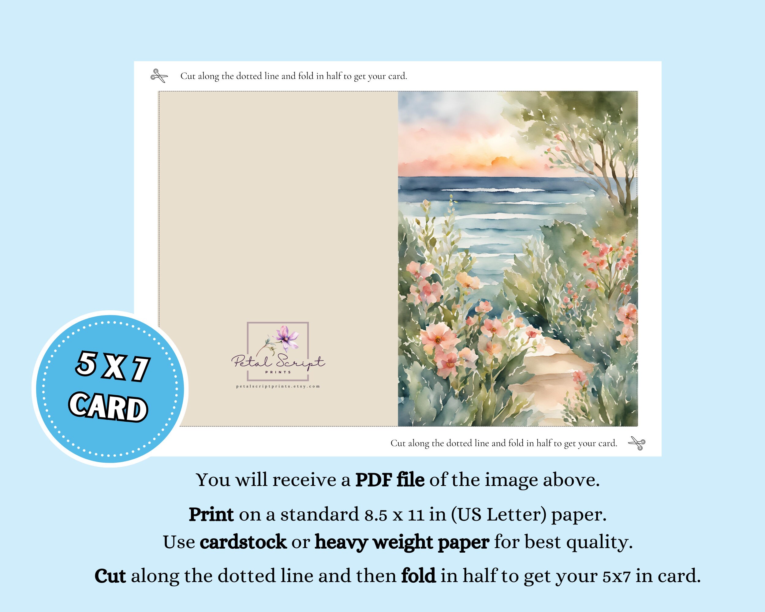 Coastal Beach Card for Any Occasion, 5x7 Printable Blank Greeting Card ...