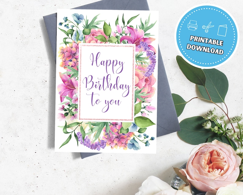 Birthday Card 5x7 Digital Download, Pink and Purple Flower Blank ...