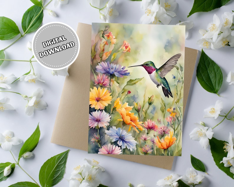 Hummingbird and Flowers Blank Greeting Card for Any Occasion, 5x7 ...