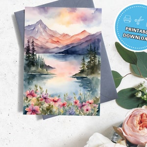 Mountain Lake Greeting Card for Any Occasion, 5x7 Printable Blank Note ...