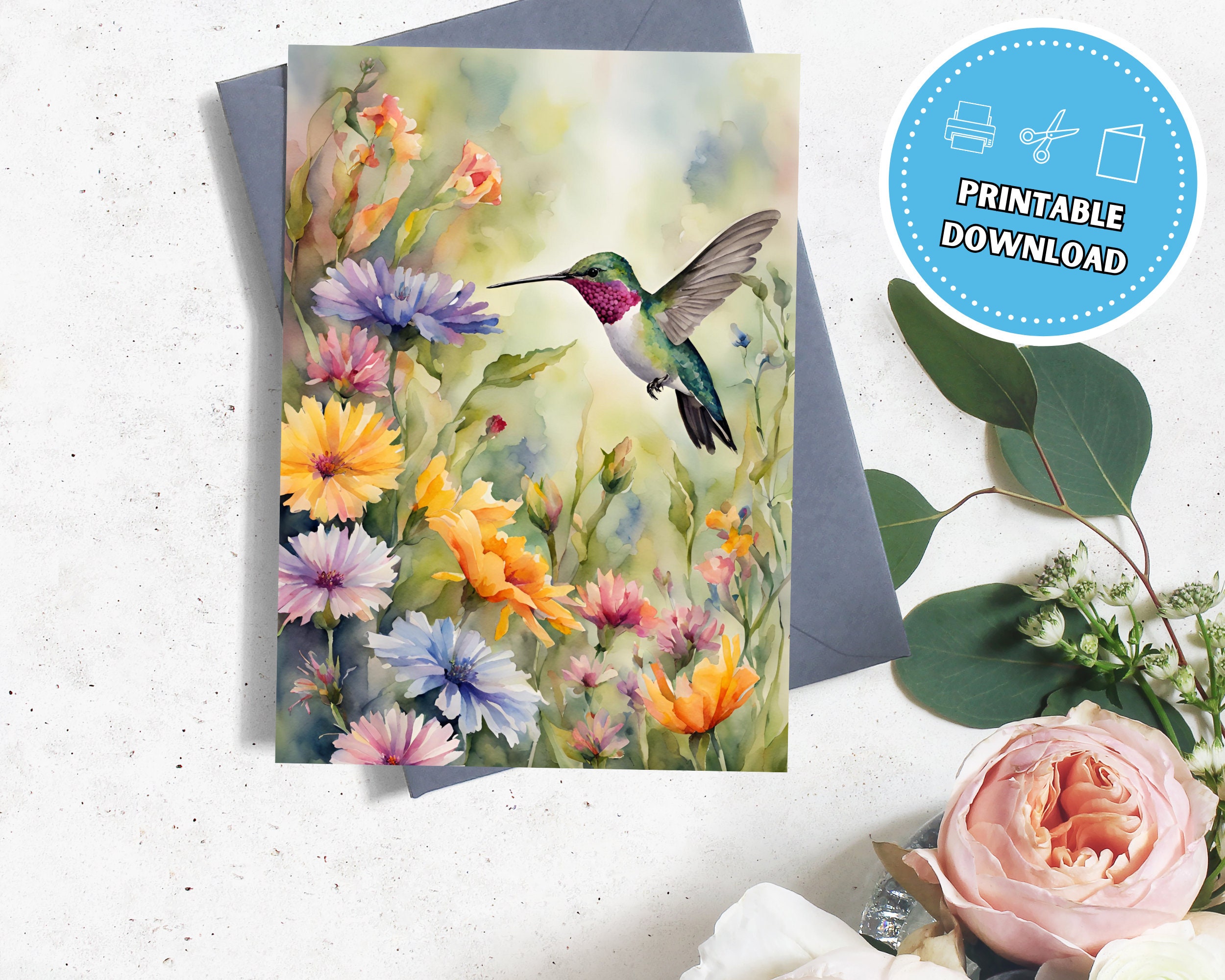 Hummingbird and Flowers Blank Greeting Card for Any Occasion, 5x7 ...