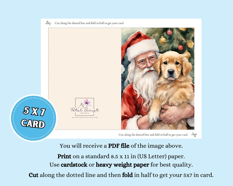 Santa Claus and Golden Retriever Christmas Card, 5x7 Printable Blank ...