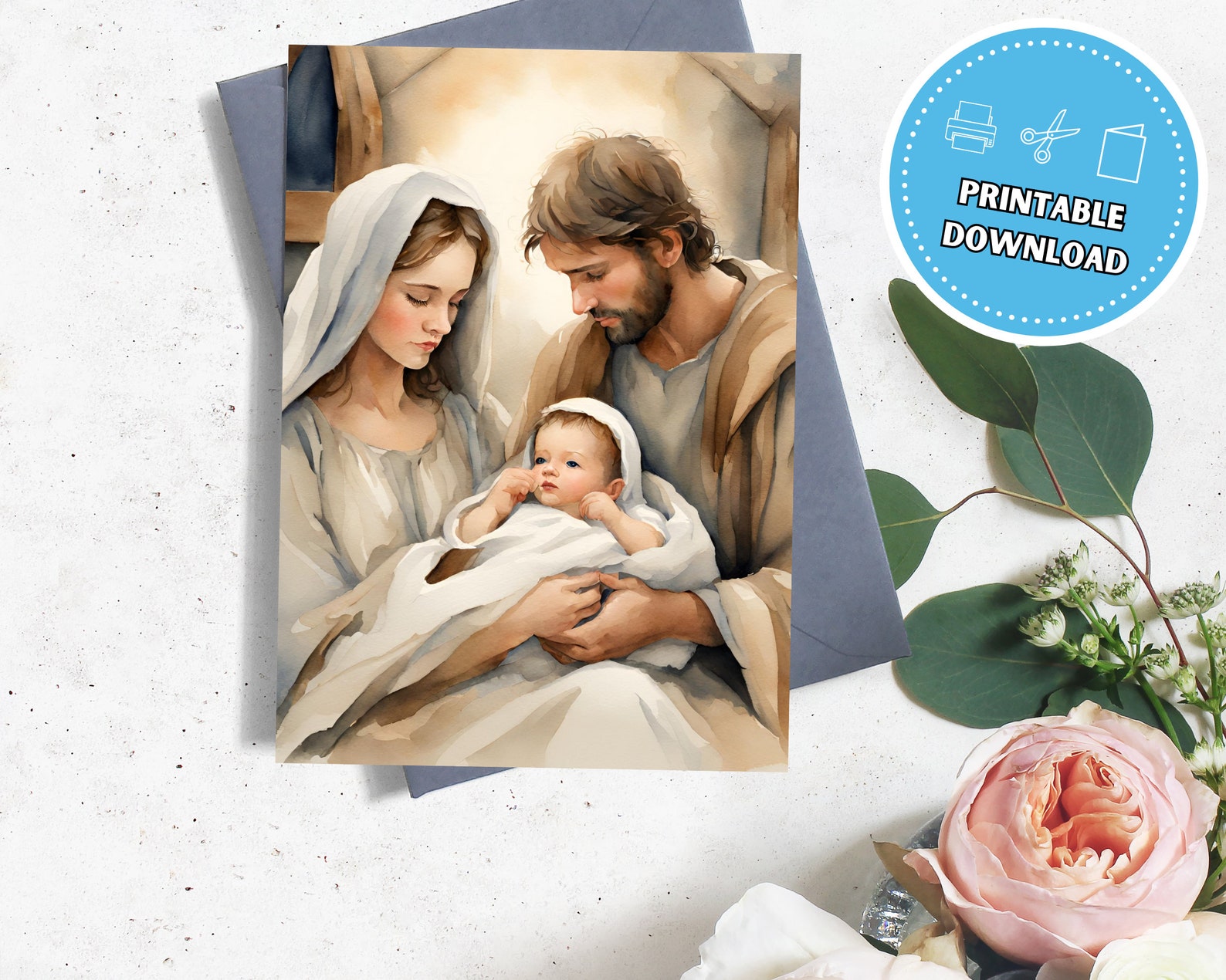 Nativity Christmas Greeting Card, 5x7 Printable Blank Card for Holidays ...