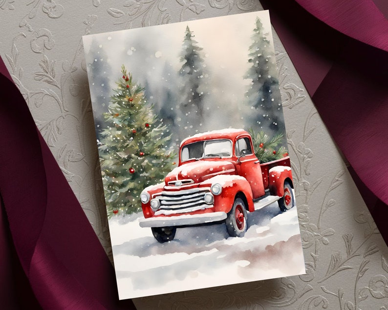 Red Truck Christmas Card, 5x7 Printable Blank Greeting Card, Winter ...