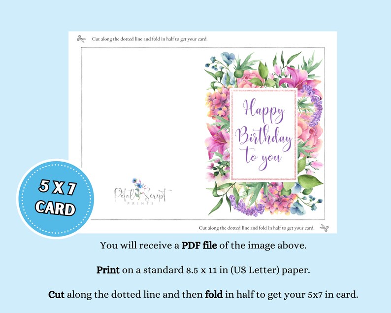 Birthday Card 5x7 Digital Download, Pink and Purple Flower Blank ...