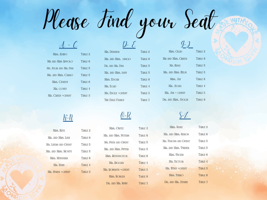 Beach Wedding Seating Chart Template, Alphabetical, Seating Chart ...