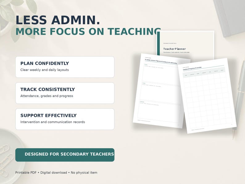 Secondary Teacher Planner Printable, Undated Lesson Planner, Student ...
