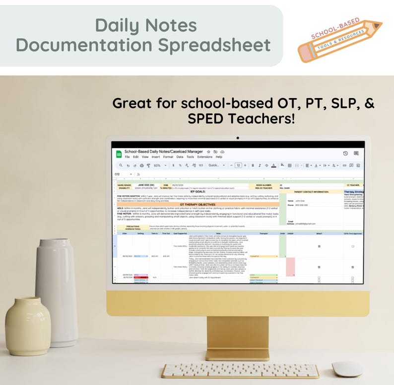 School-based Occupational Therapy Documentation Spreadsheet Template ...