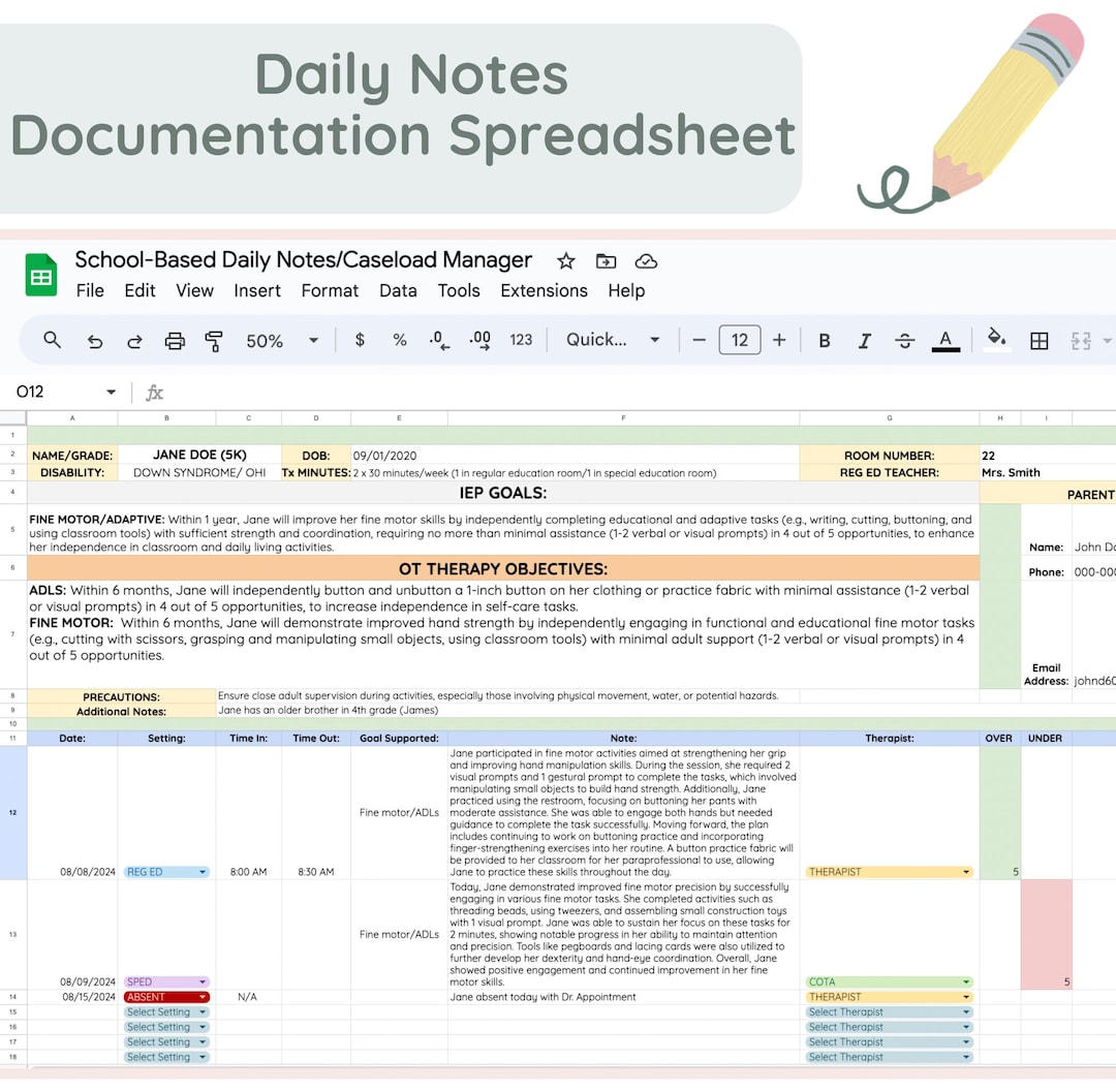 School-based Occupational Therapy Documentation Spreadsheet Template ...