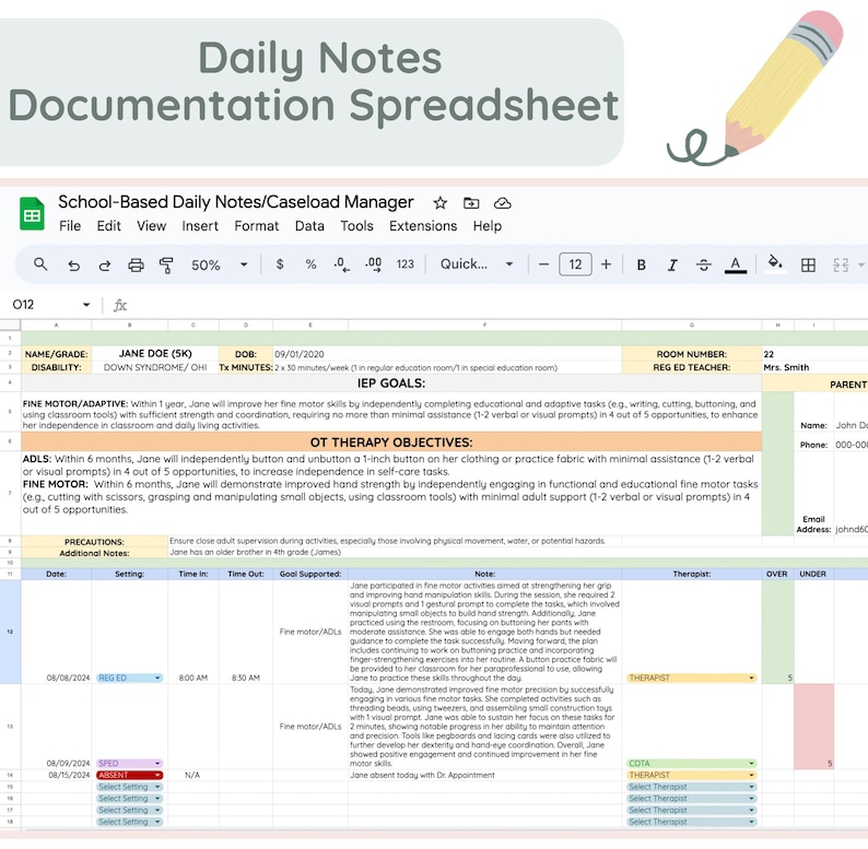 School-based Occupational Therapy Documentation Spreadsheet Template ...
