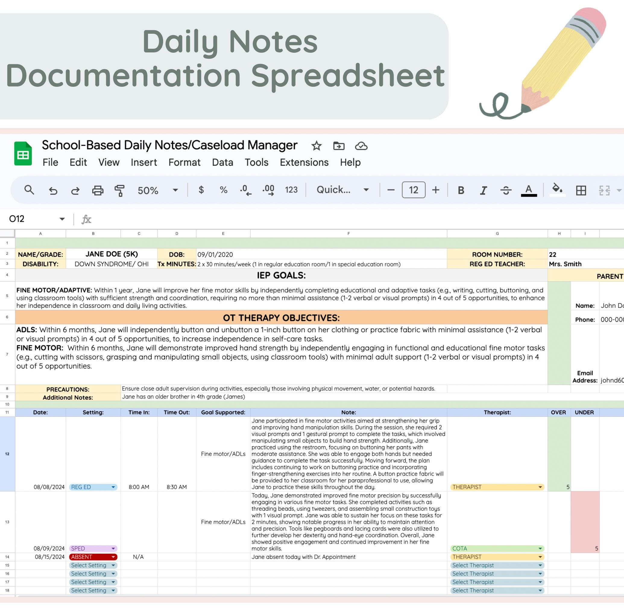 School-based Occupational Therapy Documentation Spreadsheet Template ...