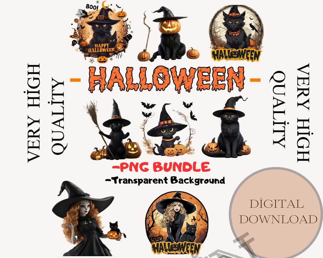 Cute Halloween Clipart Pack 15 PNG Images Witches Cats - Etsy