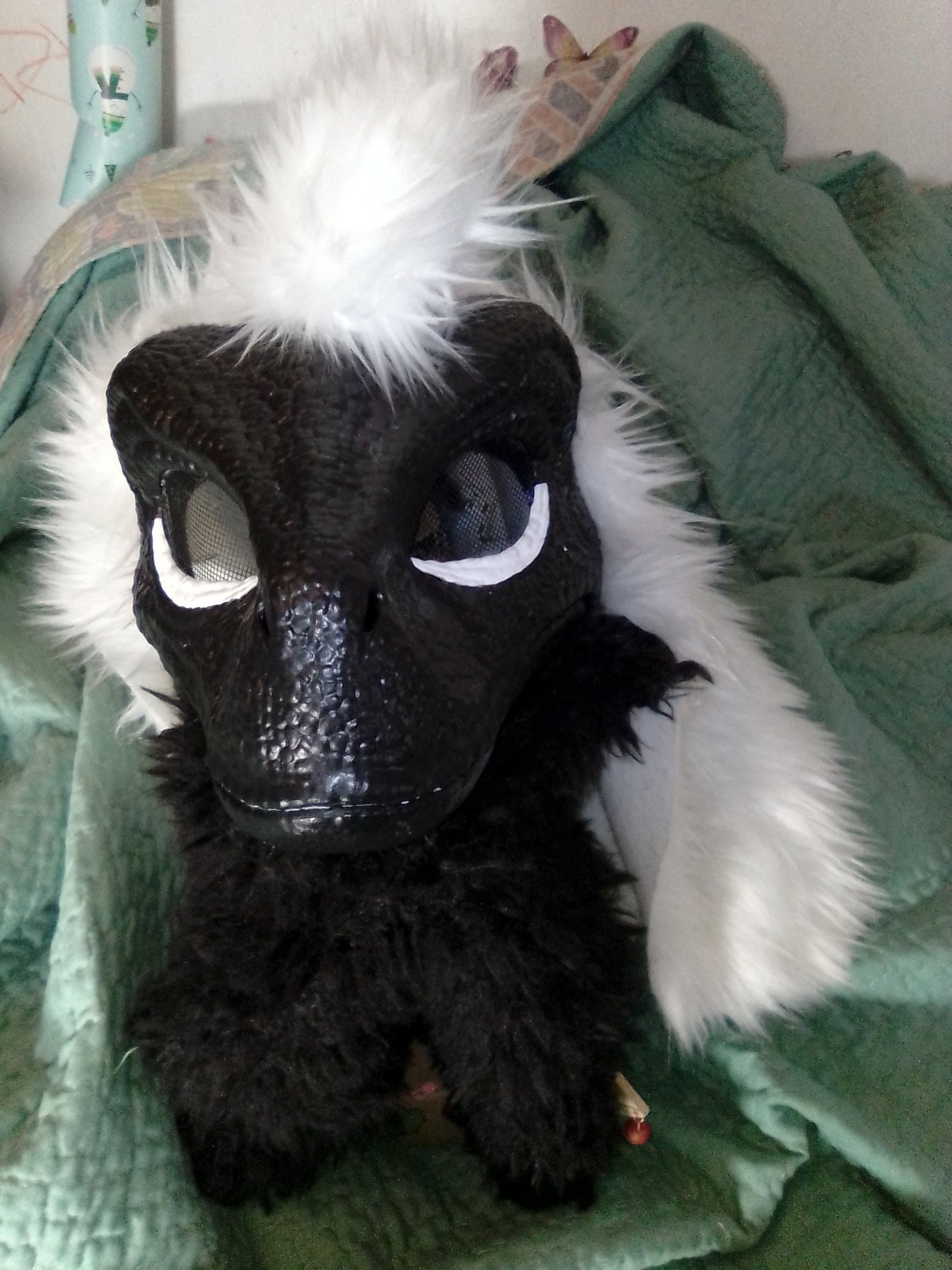 Raptor Dino Mask Painted, Furred, With Full Fur Hood. Black and White ...