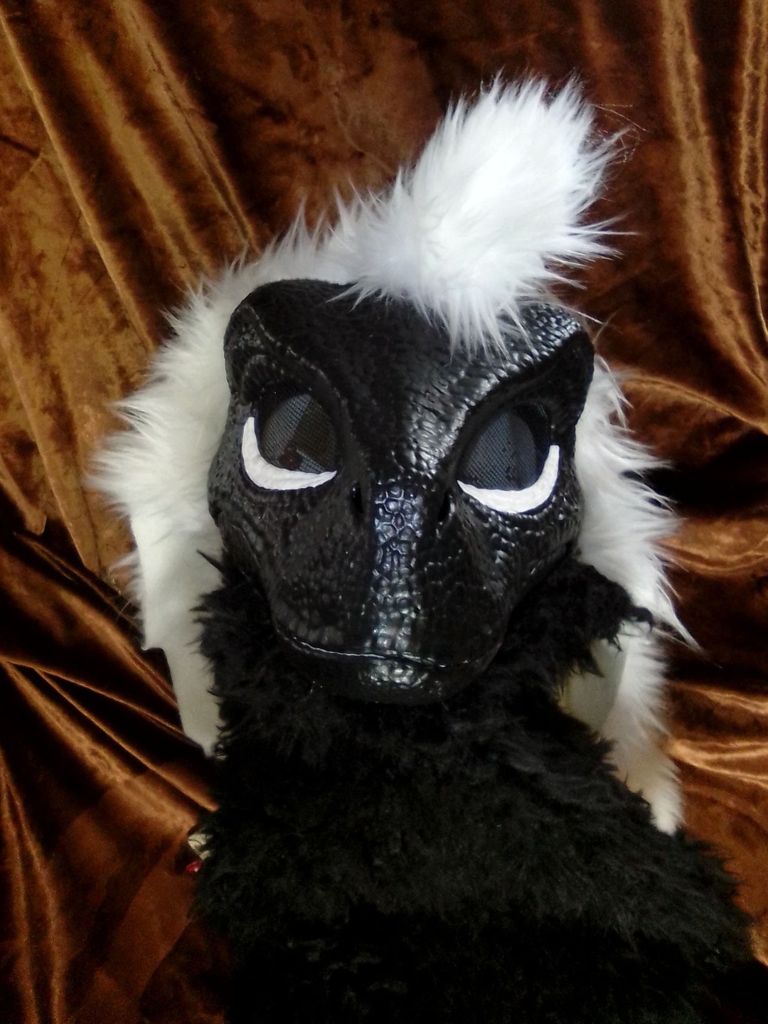 Raptor Dino Mask Painted, Furred, With Full Fur Hood. Black and White ...