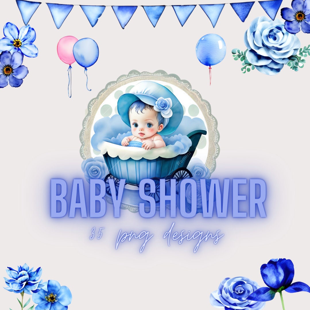 Watercolor Baby Shower Clipart, Blue Baby Shower, 35 Png Watercolor ...