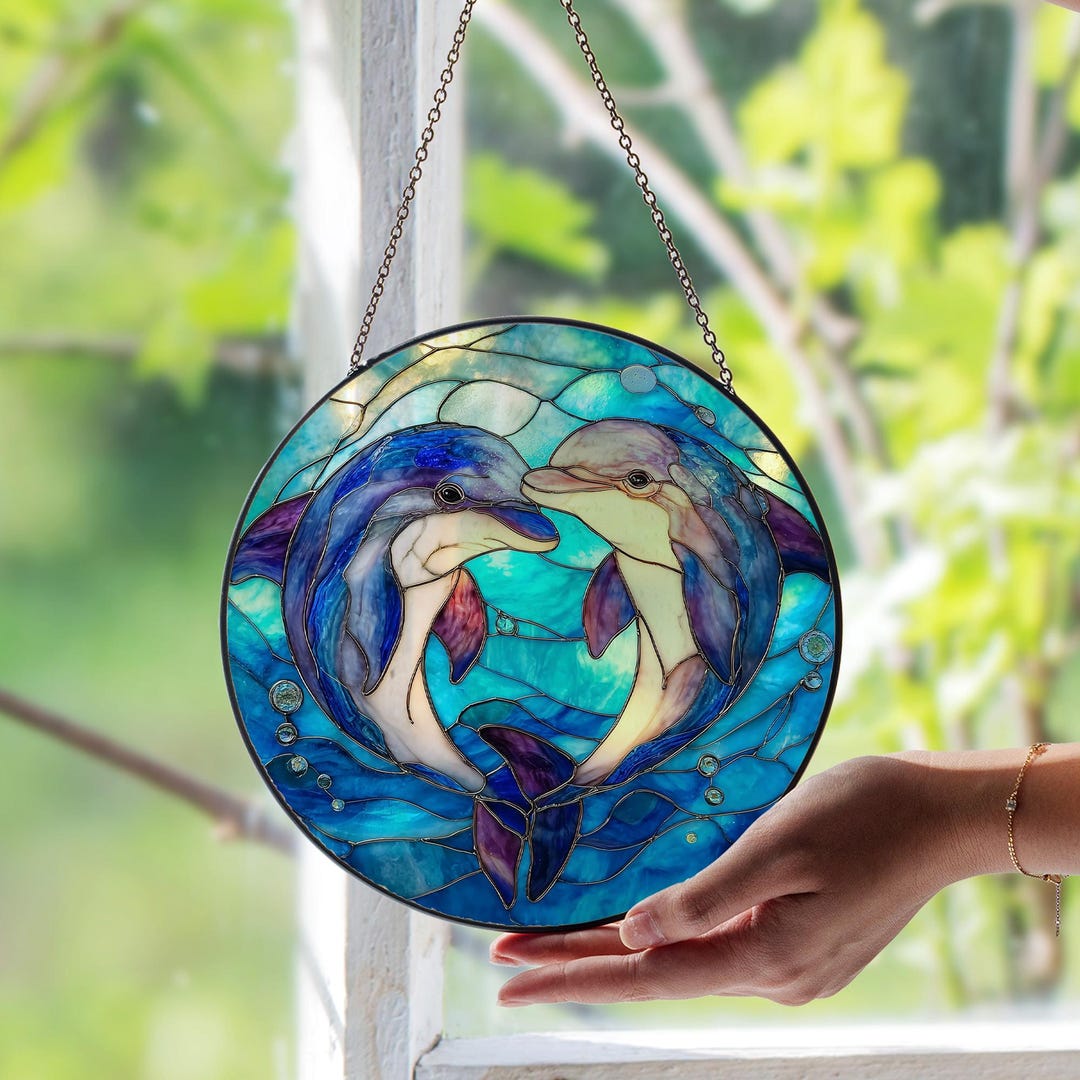 Entwined Dolphin Stained Glass Window Suncatcher – Ocean Marine Life ...