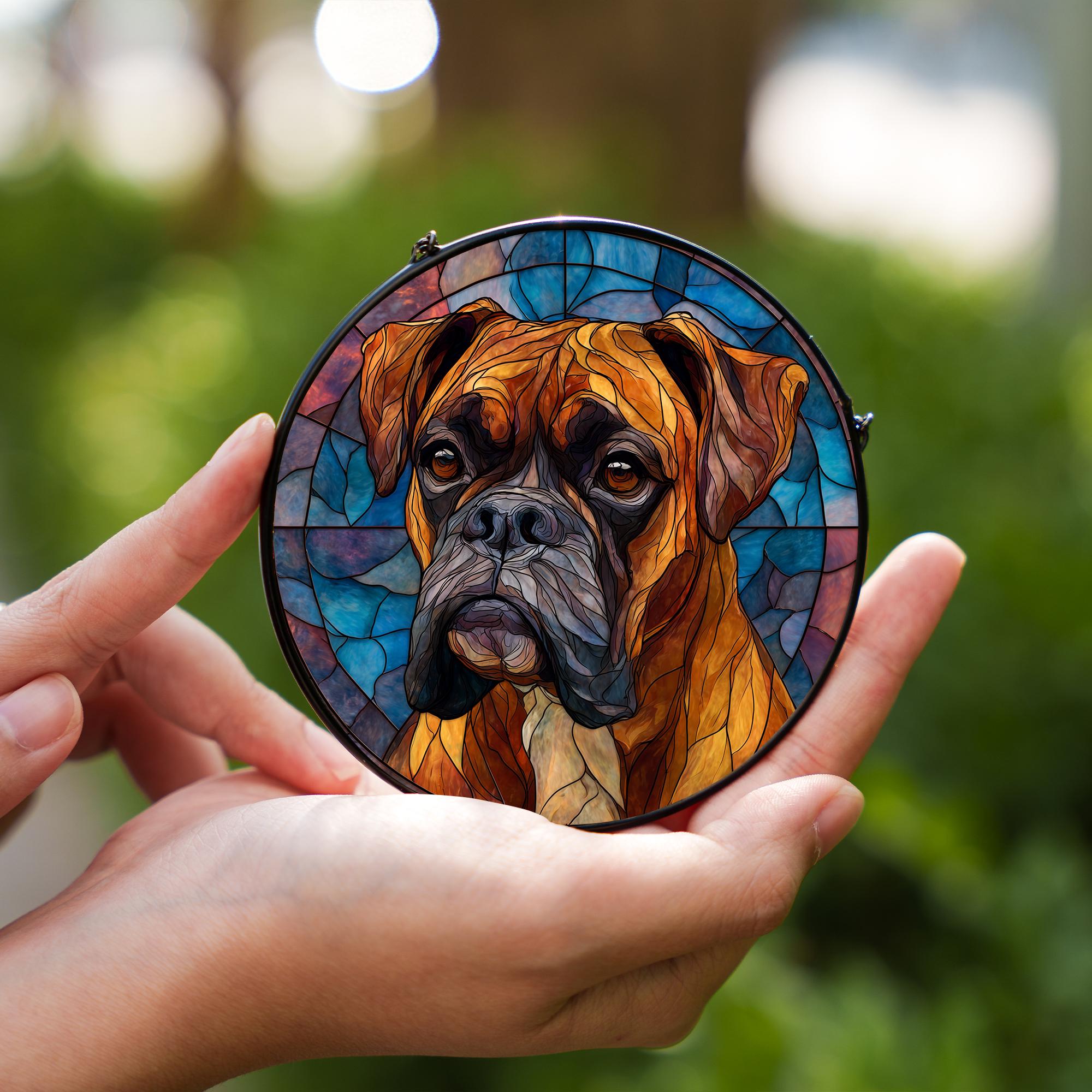 Boxer Dog Stained Glass Window Suncatcher – Playful Canine Art Panel ...