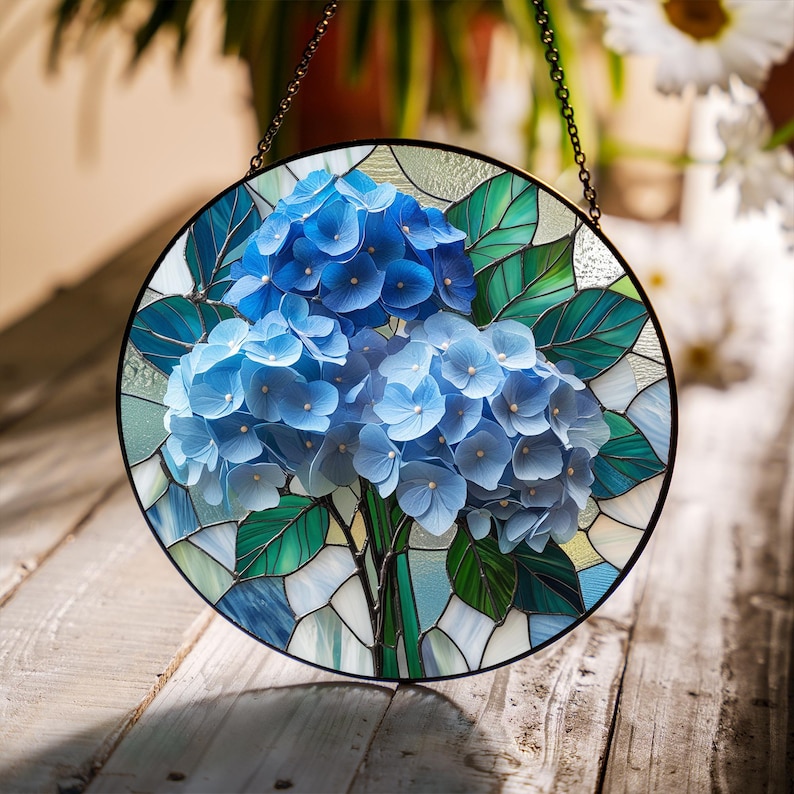 Hydrangeas Stained Glass Suncatcher | Blue Floral Window Hanging ...