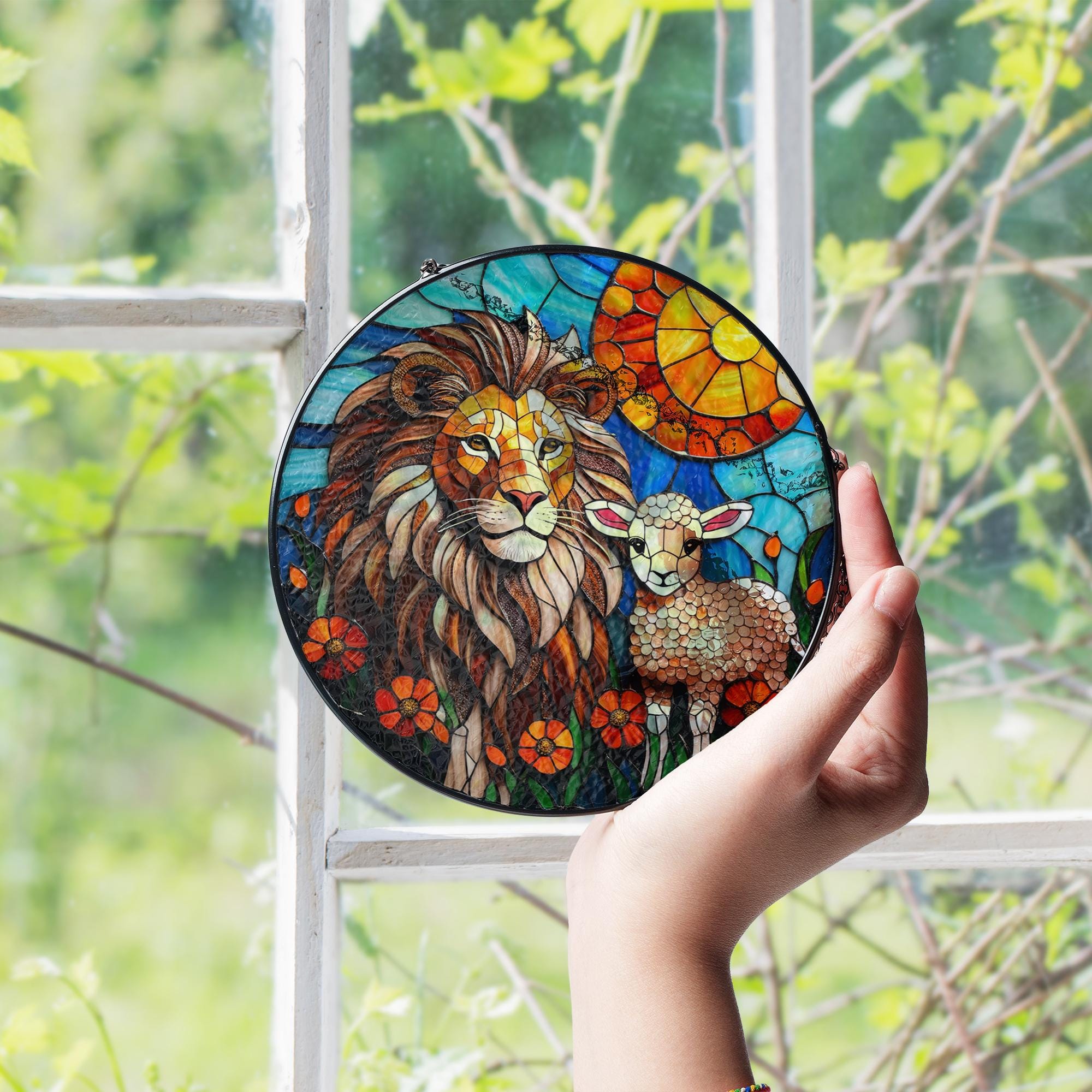 Lion and the Lamb Stained Glass Suncatcher – Peaceful Biblical Window ...