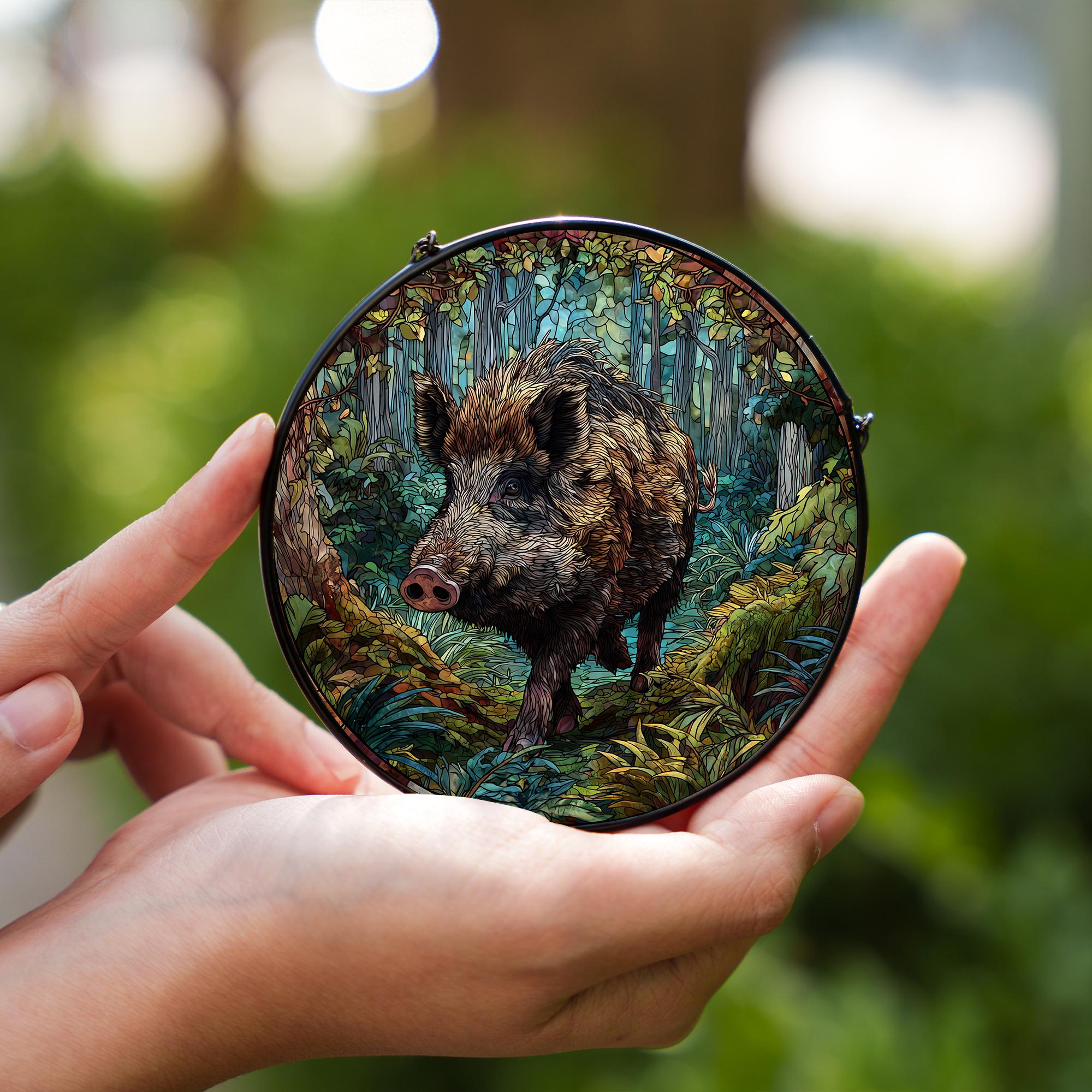 Wild Boar Stained Glass Window Suncatcher – Rustic Forest Animal Decor ...