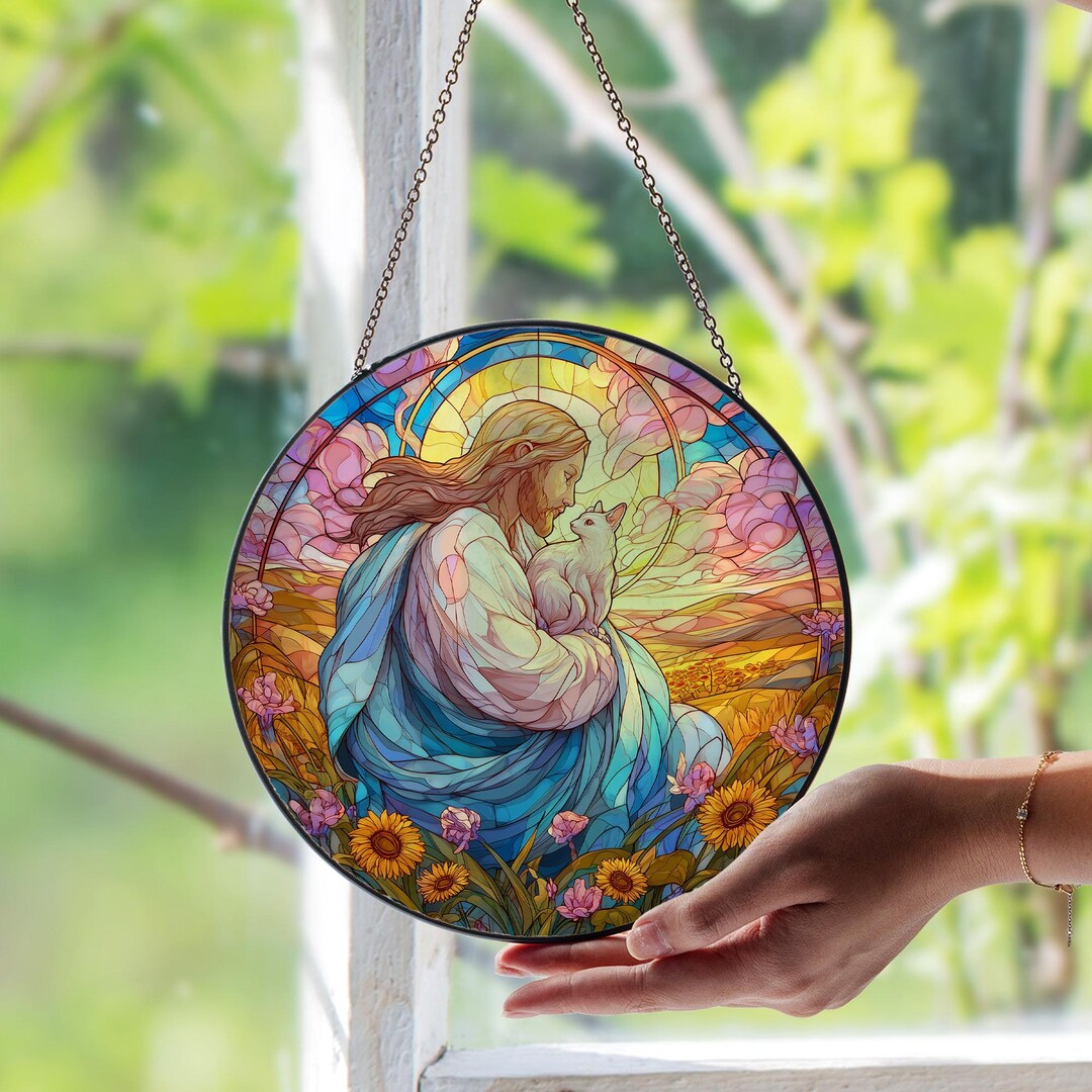 Jesus Hugging Sphynx Cat Stained Glass Window Suncatcher – Funny Pet ...