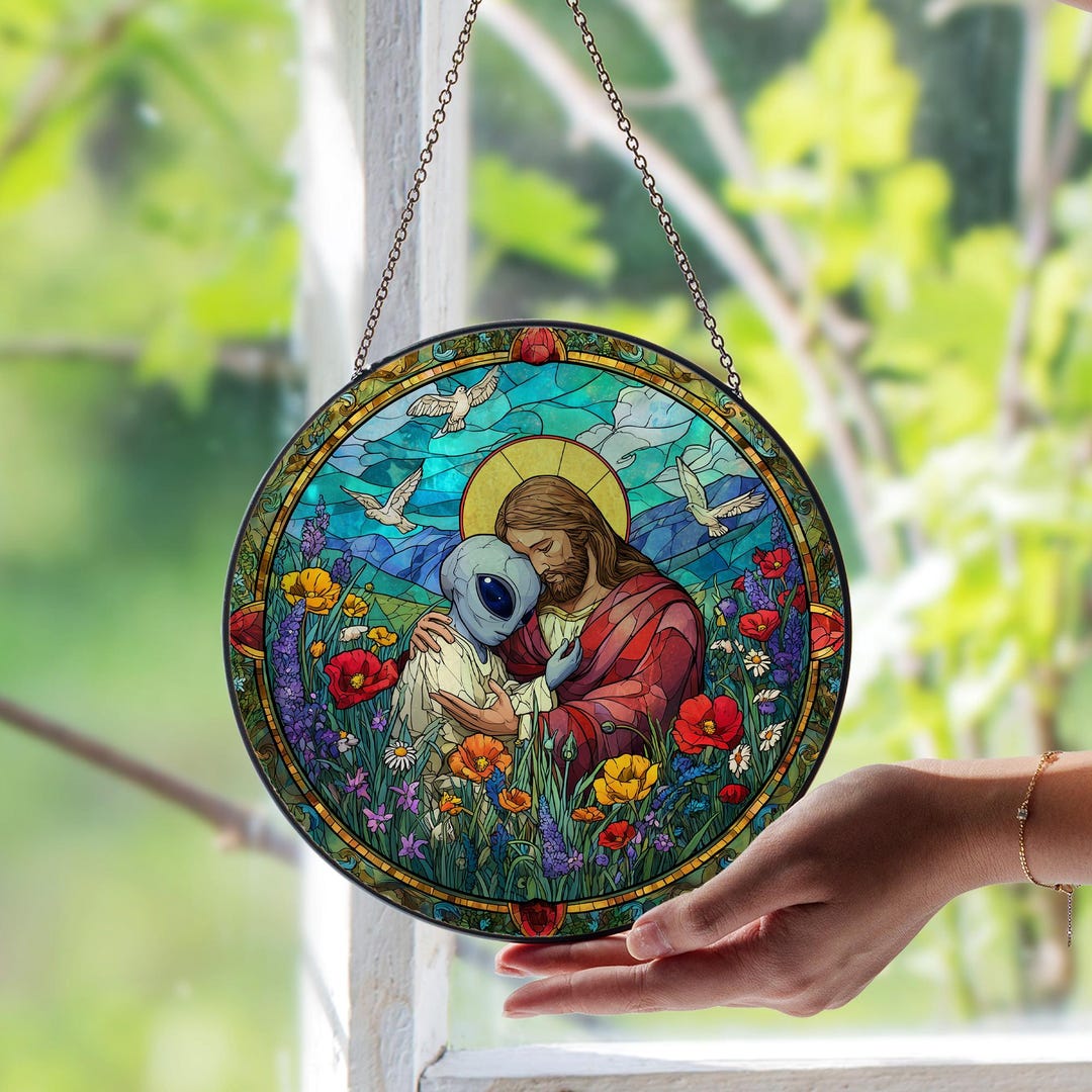 Jesus Hugging Alien Stained Glass Window Suncatcher – Funny Sci-fi ...