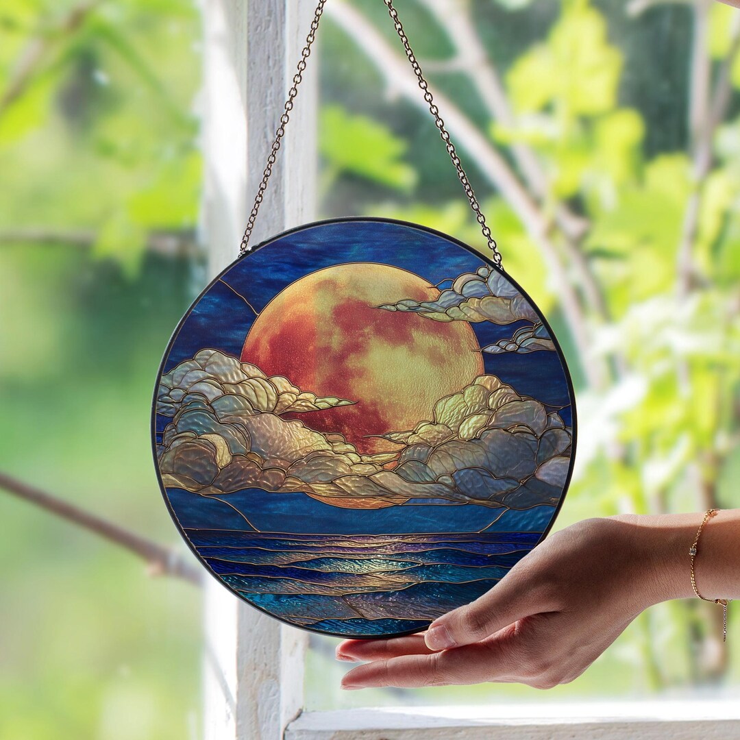 Strawberry Moon Stained Glass Window Suncatcher, Celestial Glass Art ...