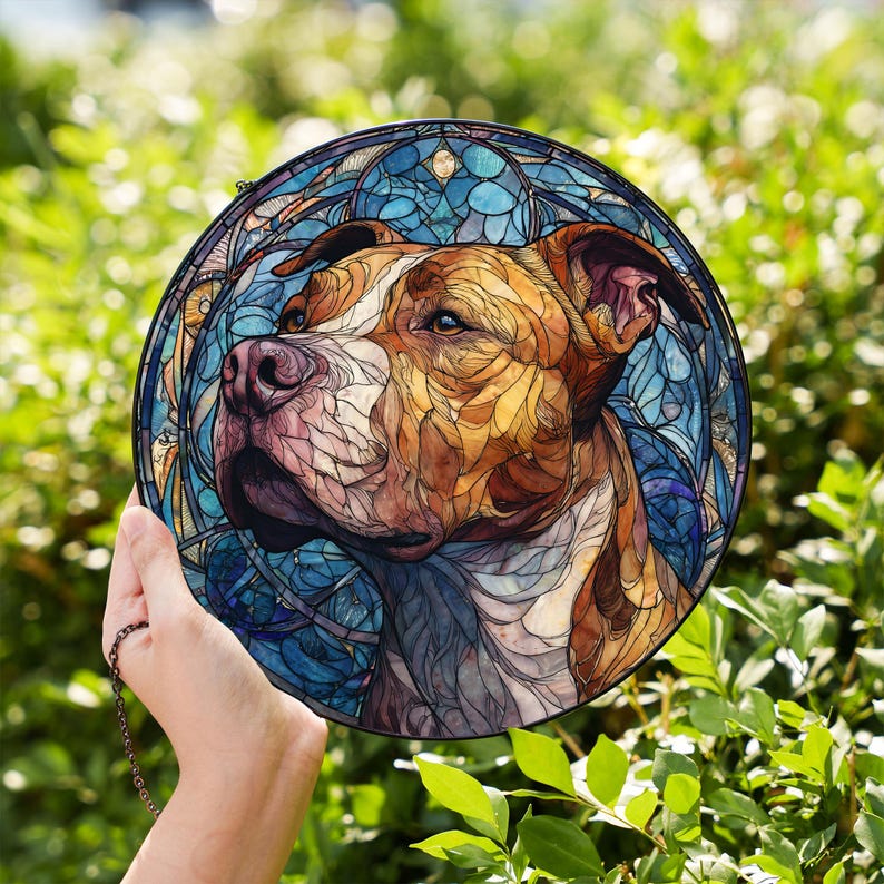 Pit Bull Stained Glass Window Suncatcher – Custom Dog Breed Glass Sun ...
