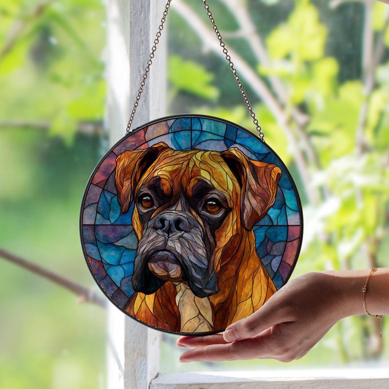 Boxer Dog Stained Glass Window Suncatcher – Playful Canine Art Panel ...