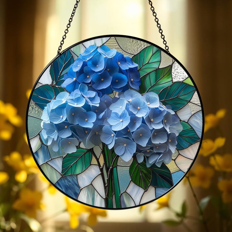 Hydrangeas Stained Glass Suncatcher | Blue Floral Window Hanging ...