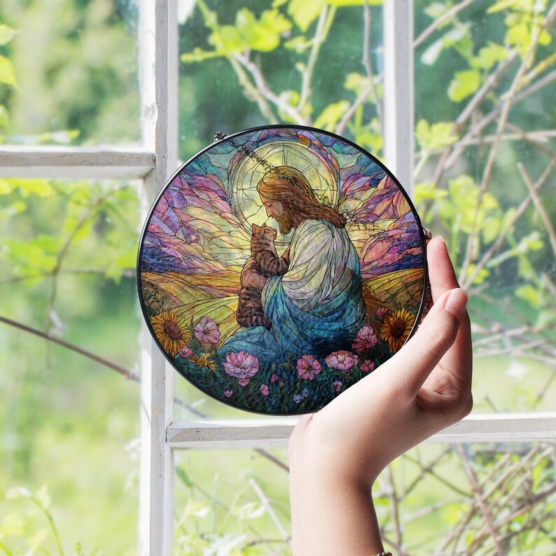 Jesus Hugging Tabby Cat Stained Glass Window Suncatcher – Cat Memorial ...