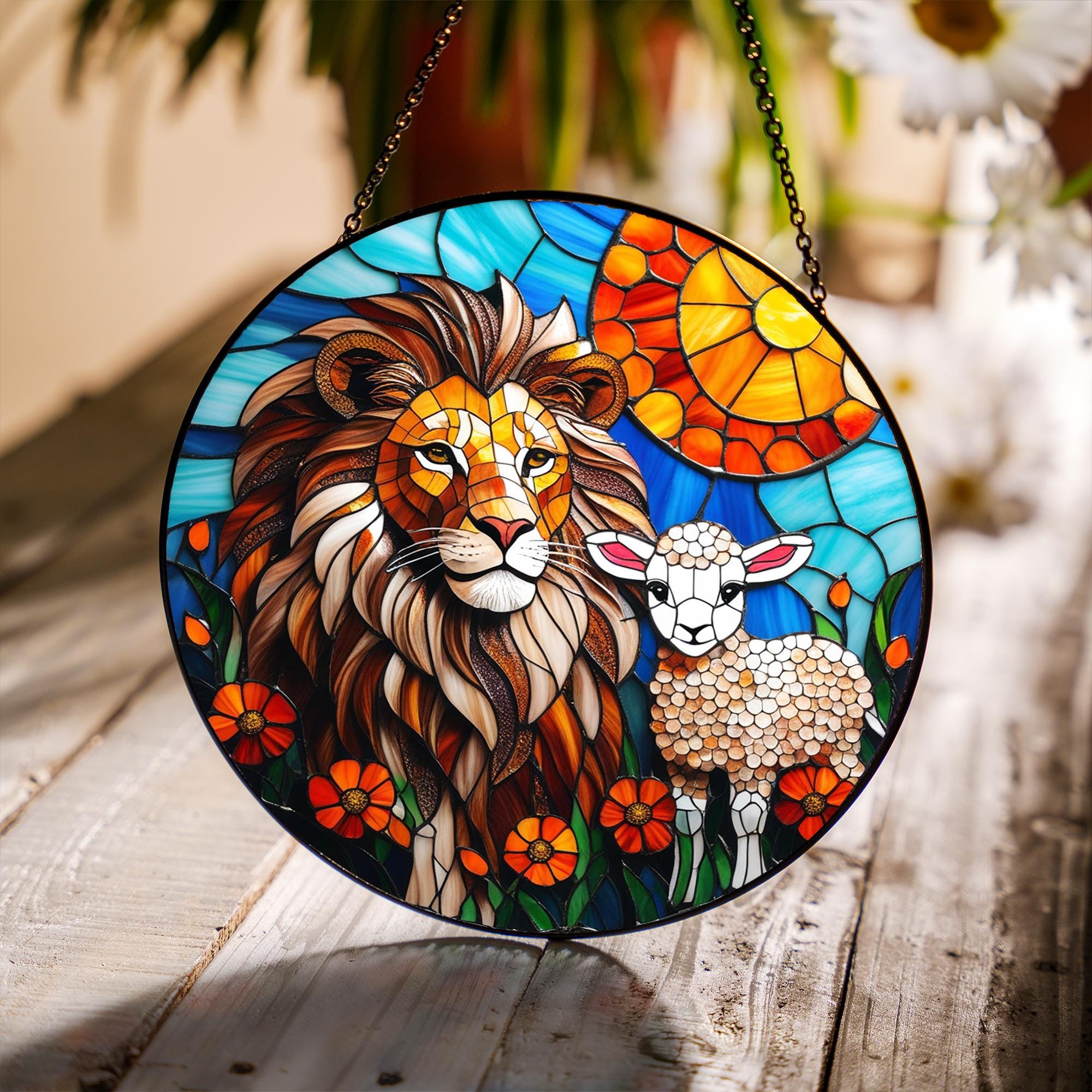 Lion and the Lamb Stained Glass Suncatcher – Peaceful Biblical Window ...