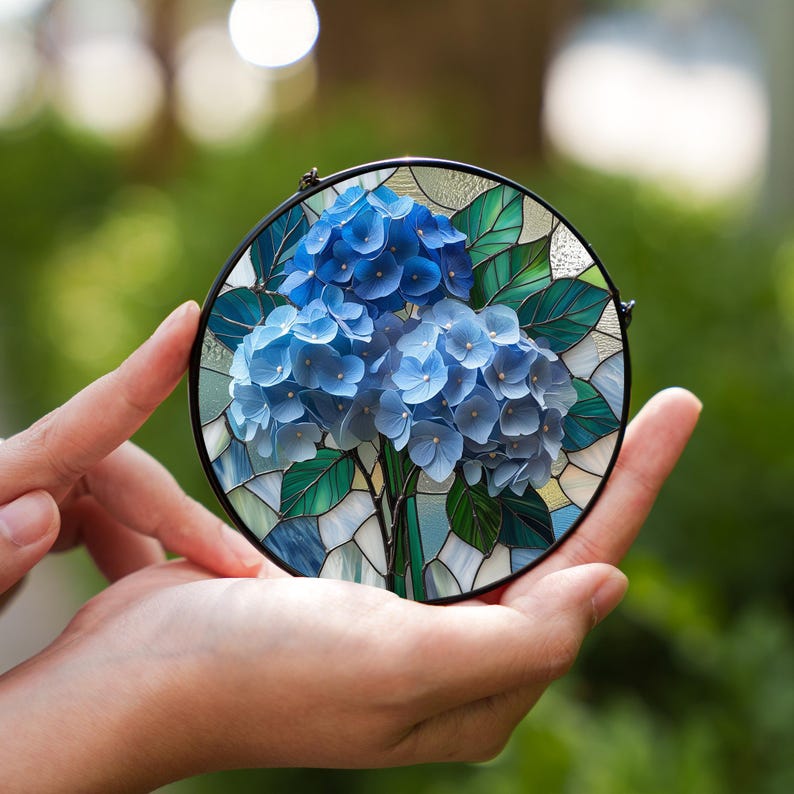 Hydrangeas Stained Glass Suncatcher | Blue Floral Window Hanging ...