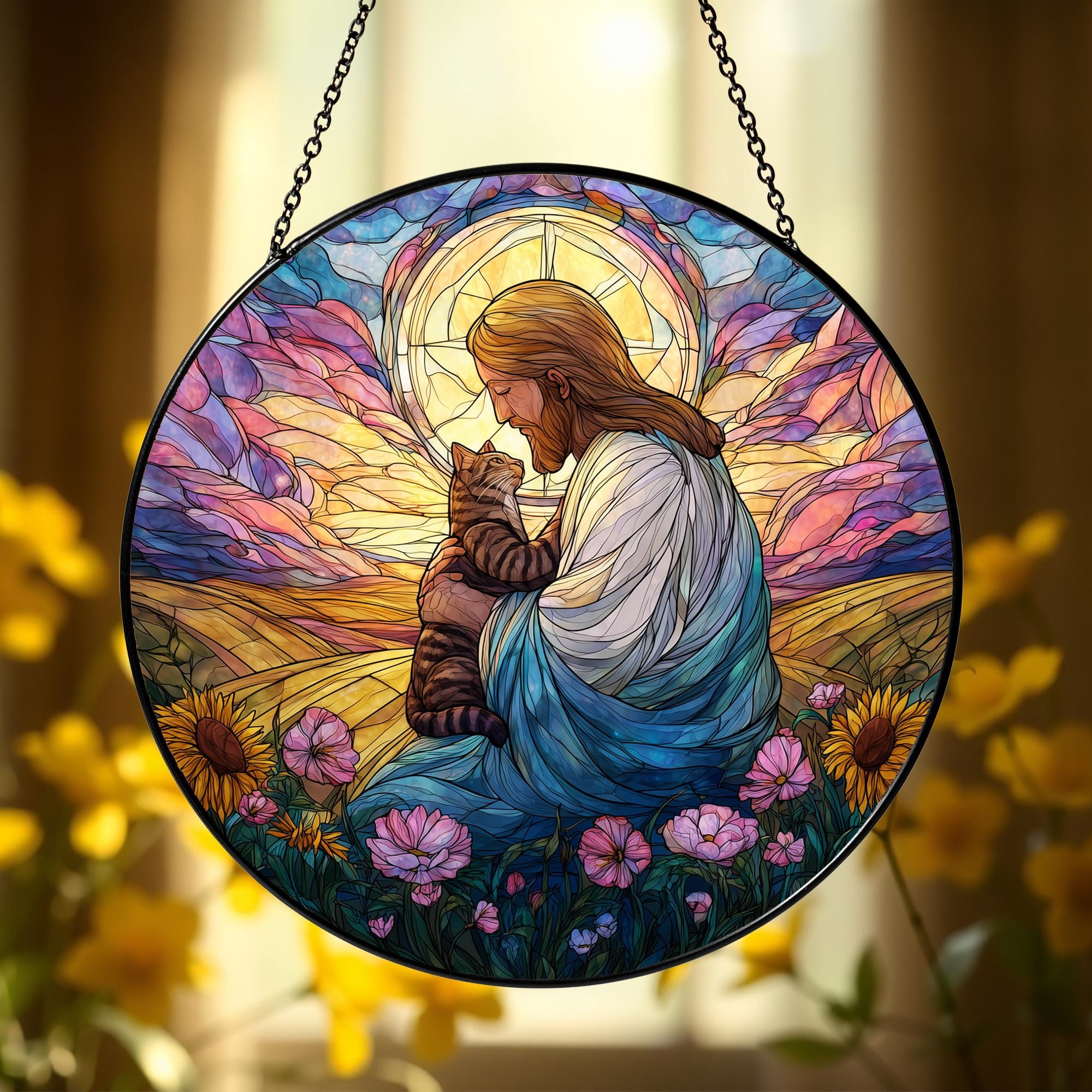 Jesus Hugging Tabby Cat Stained Glass Window Suncatcher – Cat Memorial ...