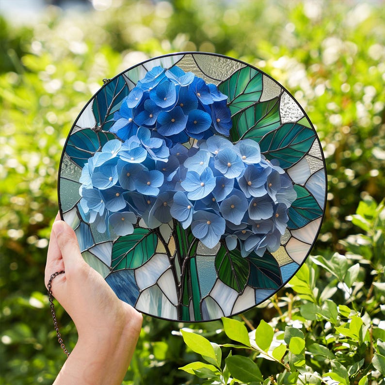 Hydrangeas Stained Glass Suncatcher | Blue Floral Window Hanging ...
