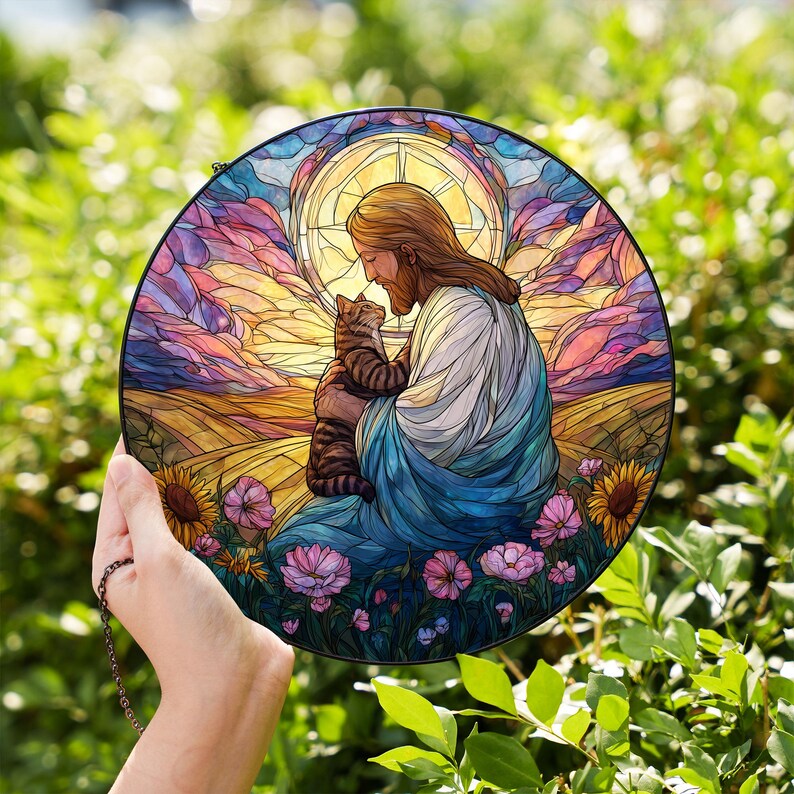 Jesus Hugging Tabby Cat Stained Glass Window Suncatcher – Cat Memorial ...