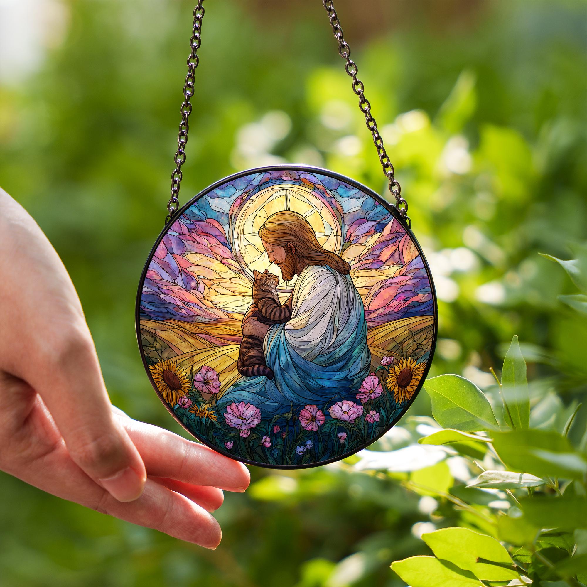 Jesus Hugging Tabby Cat Stained Glass Window Suncatcher – Cat Memorial ...