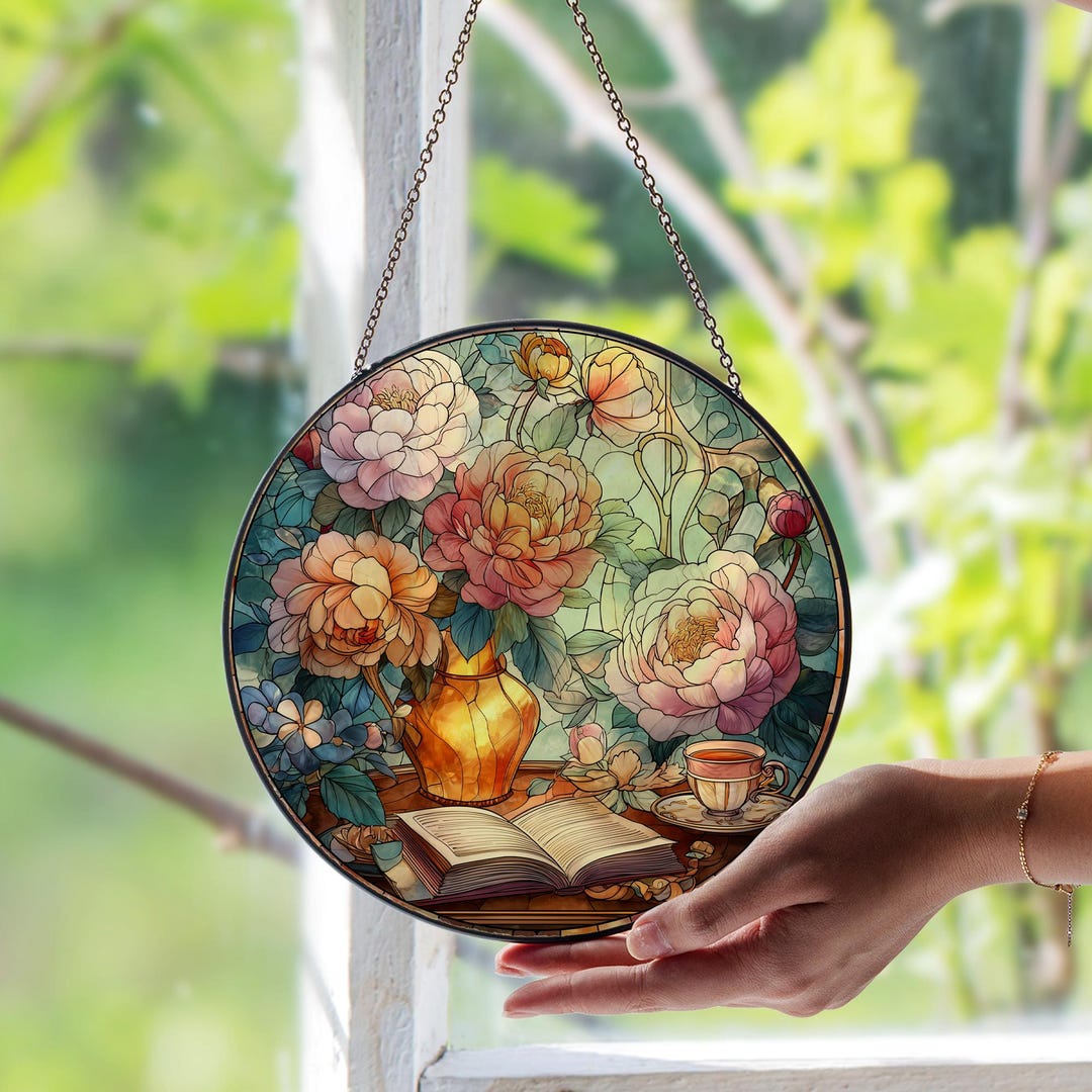 Tea & Books Stained Glass Window Suncatcher – Cozy Reading Nook Art ...