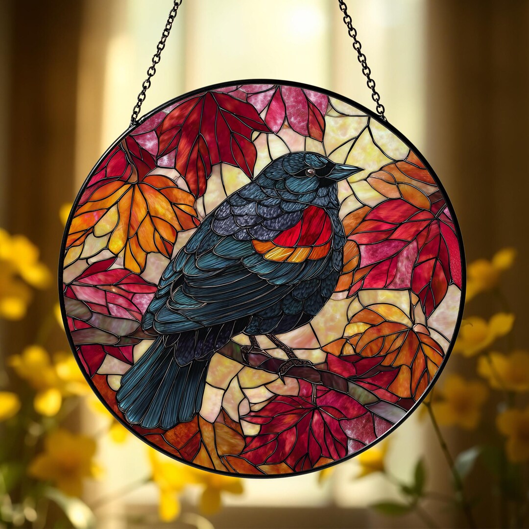 Red Winged Blackbird Stained Glass Window Suncatcher – Colorful Bird ...