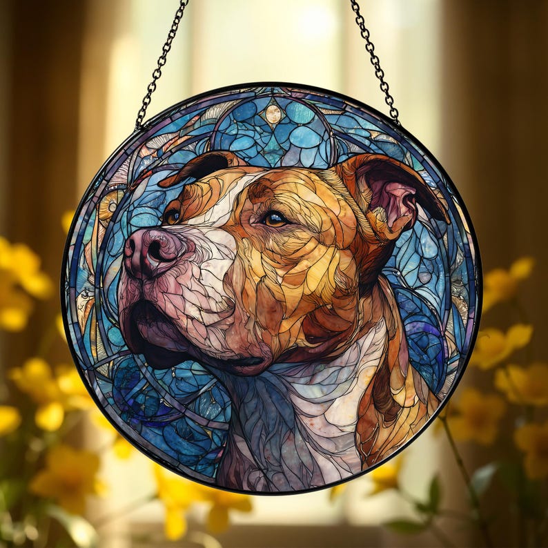 Pit Bull Stained Glass Window Suncatcher – Custom Dog Breed Glass Sun ...