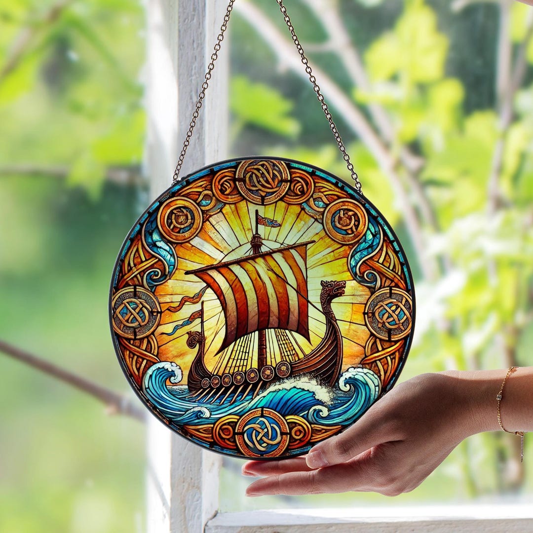 Viking Longboat Stained Glass Window Suncatcher – Norse Ship Art Panel ...