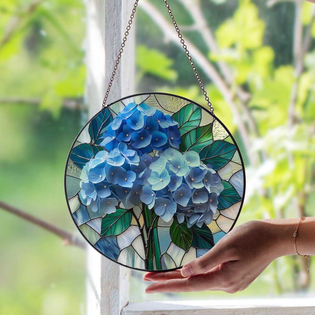 Hydrangeas Stained Glass Suncatcher | Blue Floral Window Hanging ...