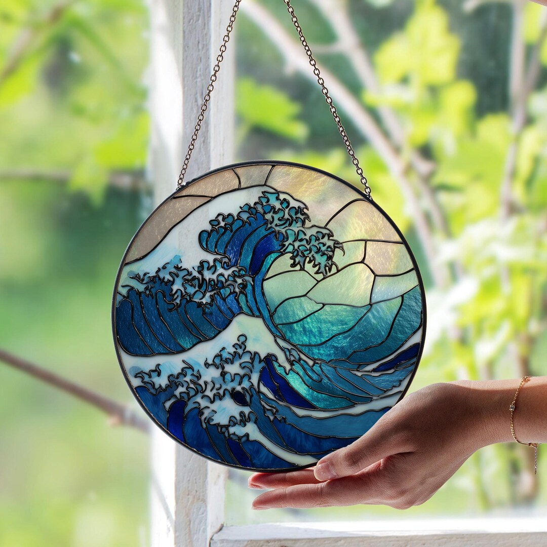 Blue Wave Stained Glass Window Suncatcher – Vibrant Ocean Wave Art ...