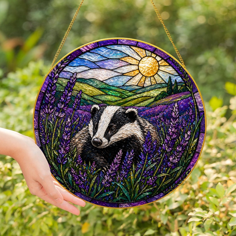 Badger Lavender Stained Glass Window Suncatcher, Wildlife Floral ...