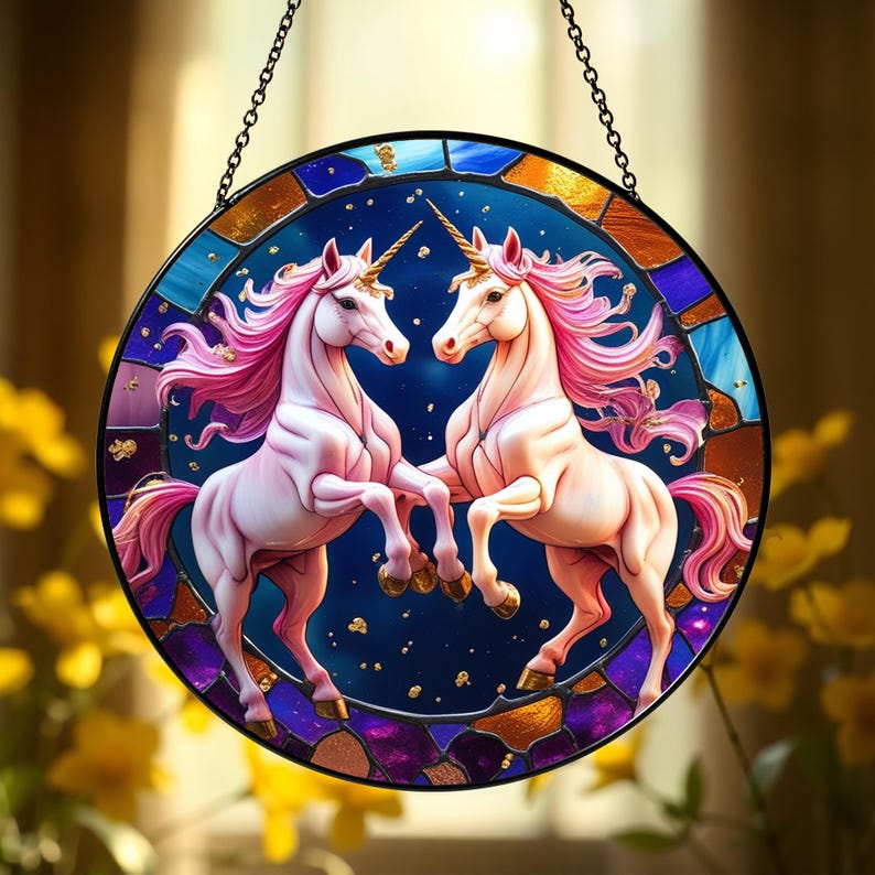 Pink Unicorns Stained Glass Window Suncatcher – Whimsical Fantasy ...